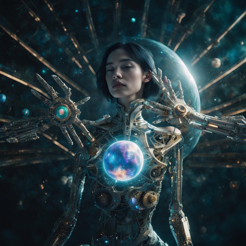 detailed pretty mechanical cradling a shattered star in an endless void ...