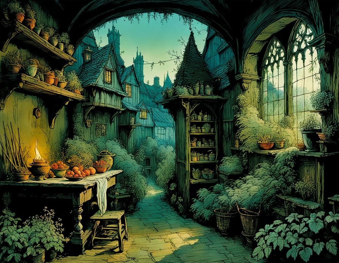 Whimsical Medieval Scene in Deep, Mysterious Color... - AI Art