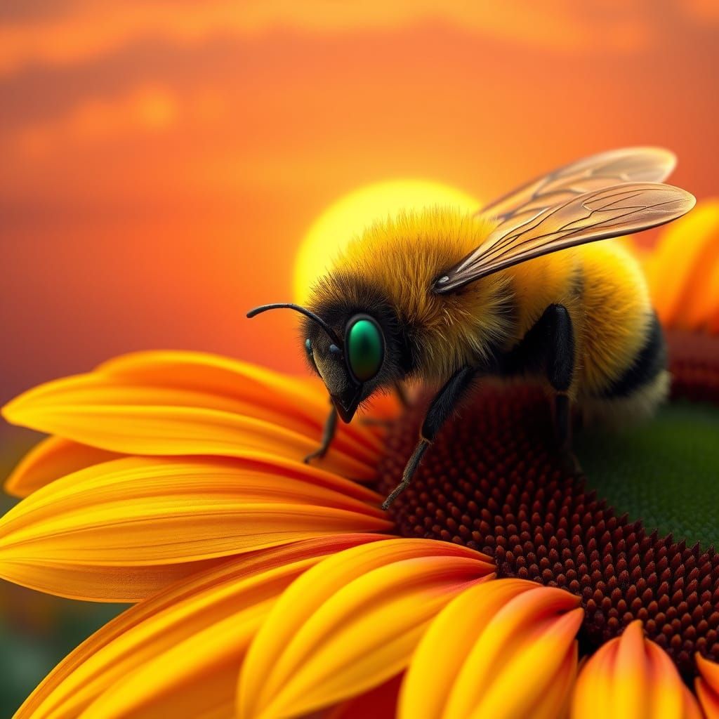 Sad bumble bee - Bee Lost in Thought, Beside Vibrant Sunflow...