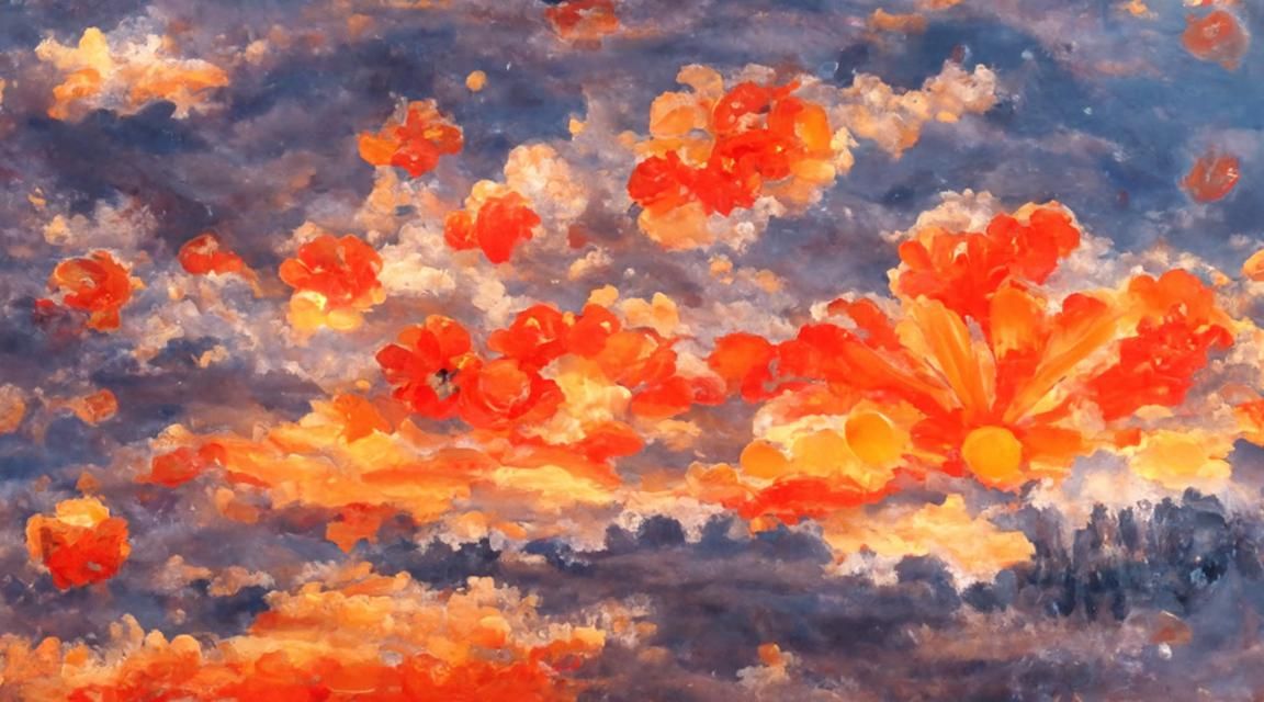 sunset sky with sparkly clouds, over a big wide open field of orange ...