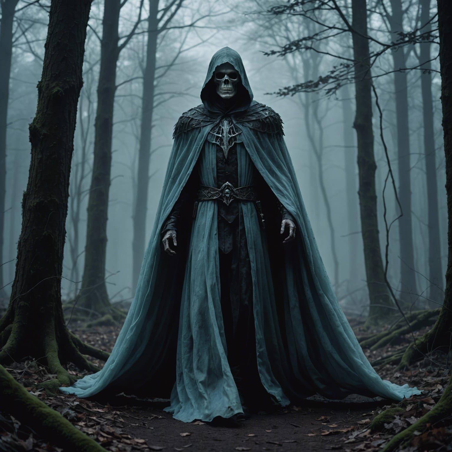 A ghostly figure standing in a dark forest, high definition and ...