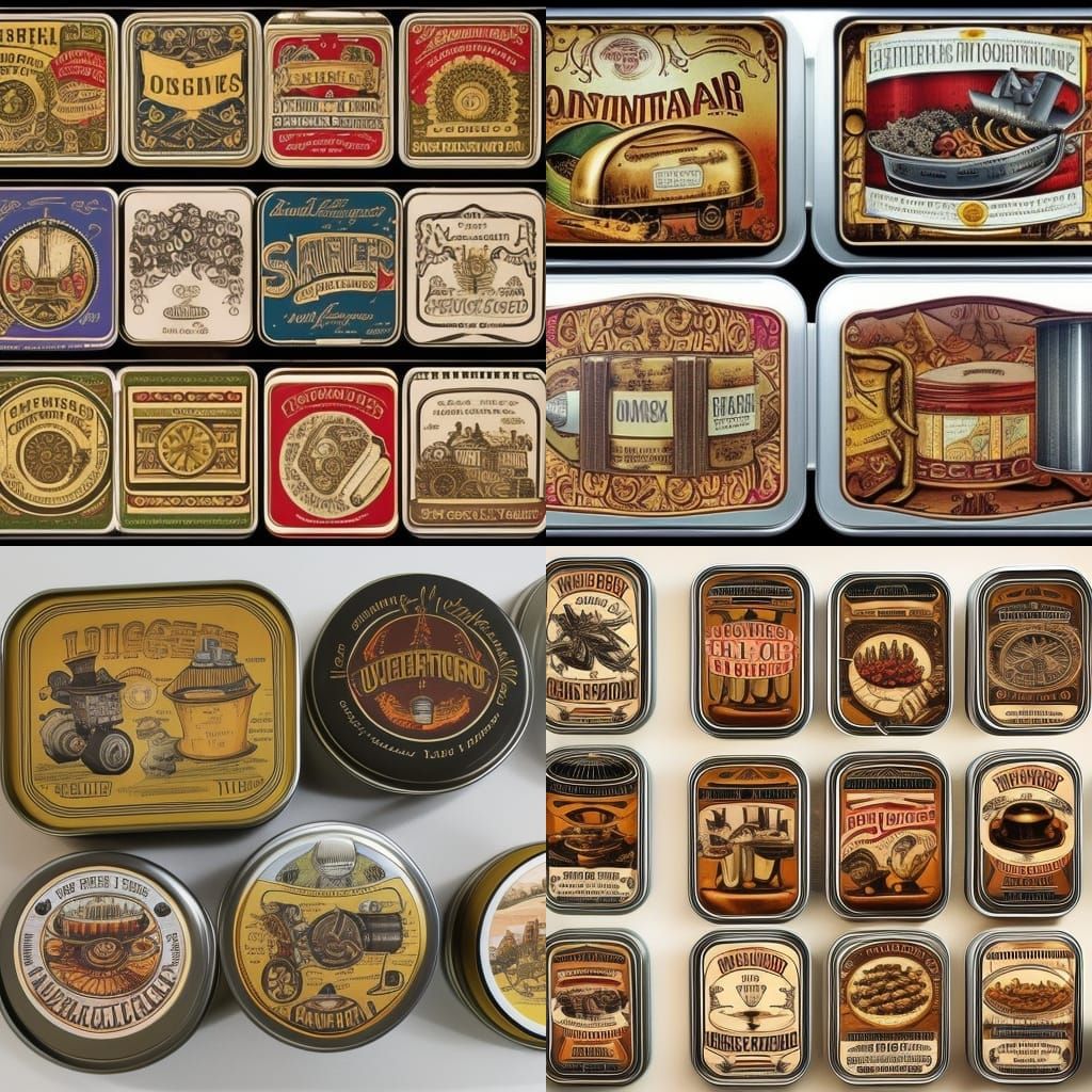 Food tins, different sizes, intricate detail labels and stickers on ...