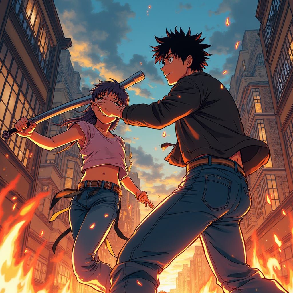 Anime - Dynamic Anime Heroes Clash in Smoldering City