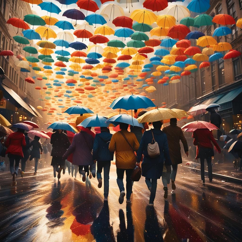 Vibrant Whirlwind Chases Umbrellas Down a Colorful... - AI Art