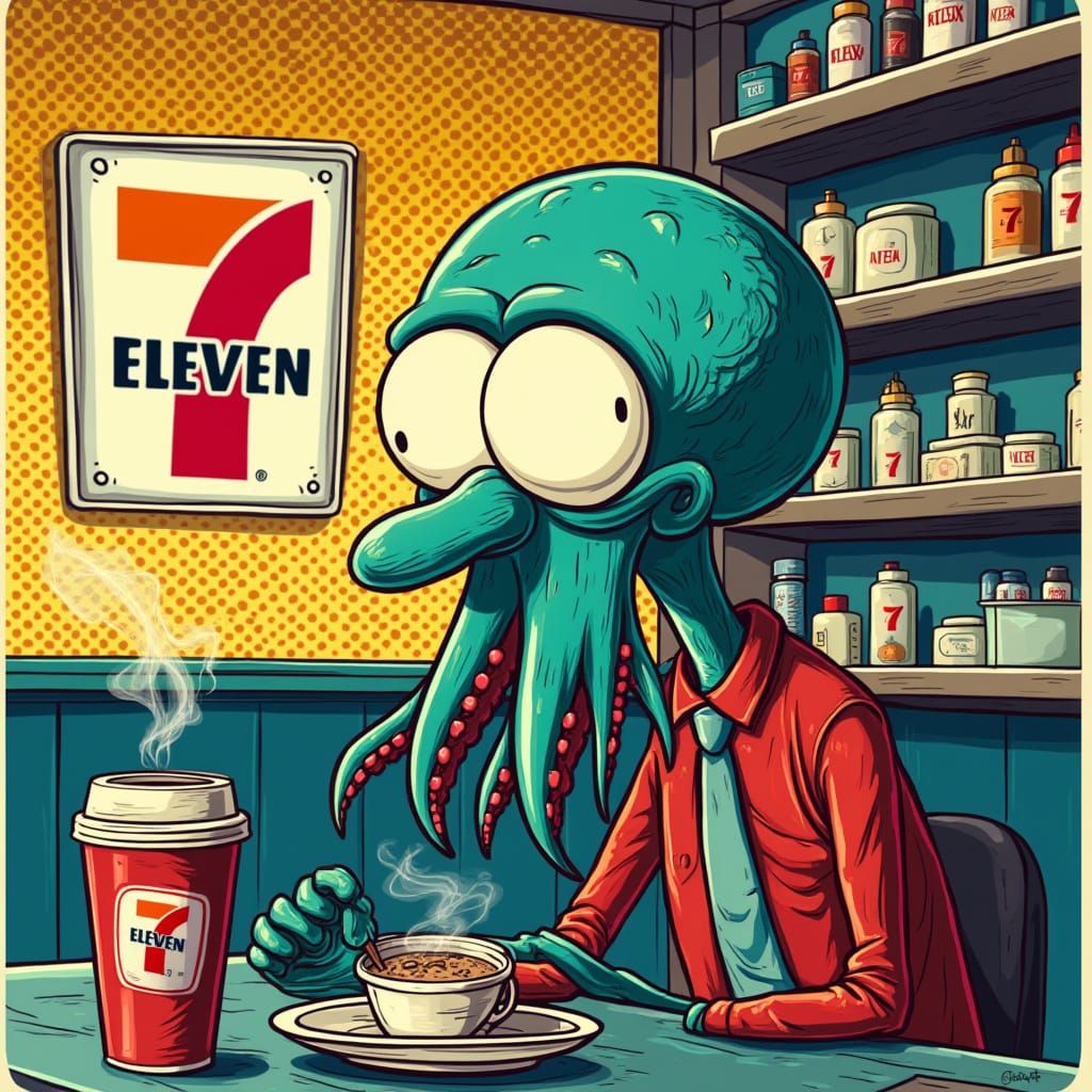Squidward Sips 7-Eleven Coffee in Graphic Screen P... - AI Art