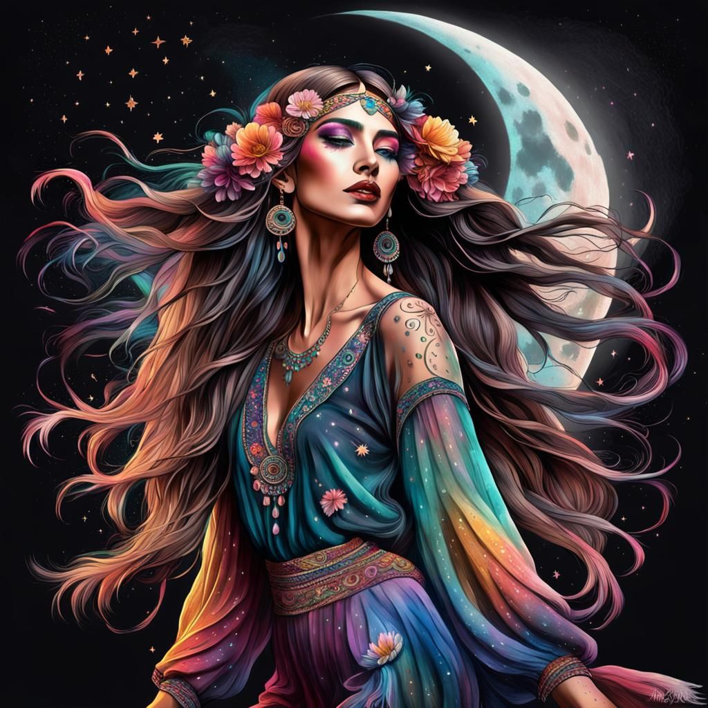 a beautiful bohemian woman wearing bohemian clothing with long lashes ...