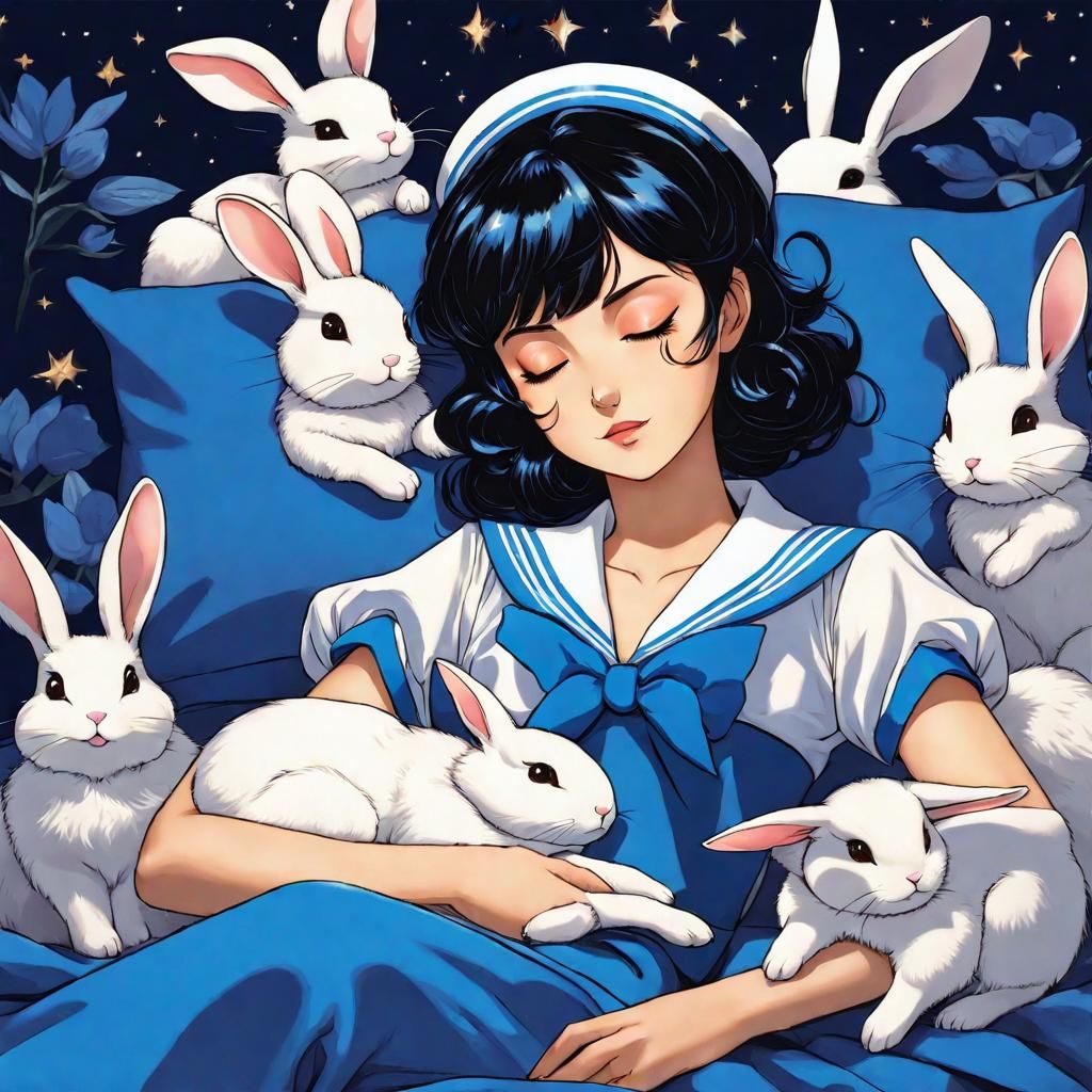 Sailor Mercury Moon Sleeping with Rabbits - AI Generated Artwork ...