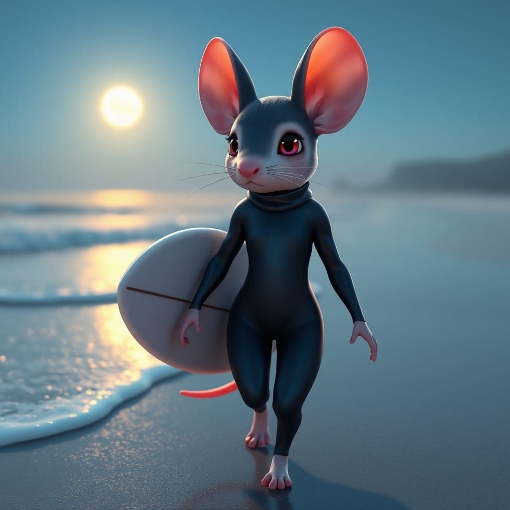 Glowing Mouse Surfer Walks on a Serene Moonlit Bea... - AI Art