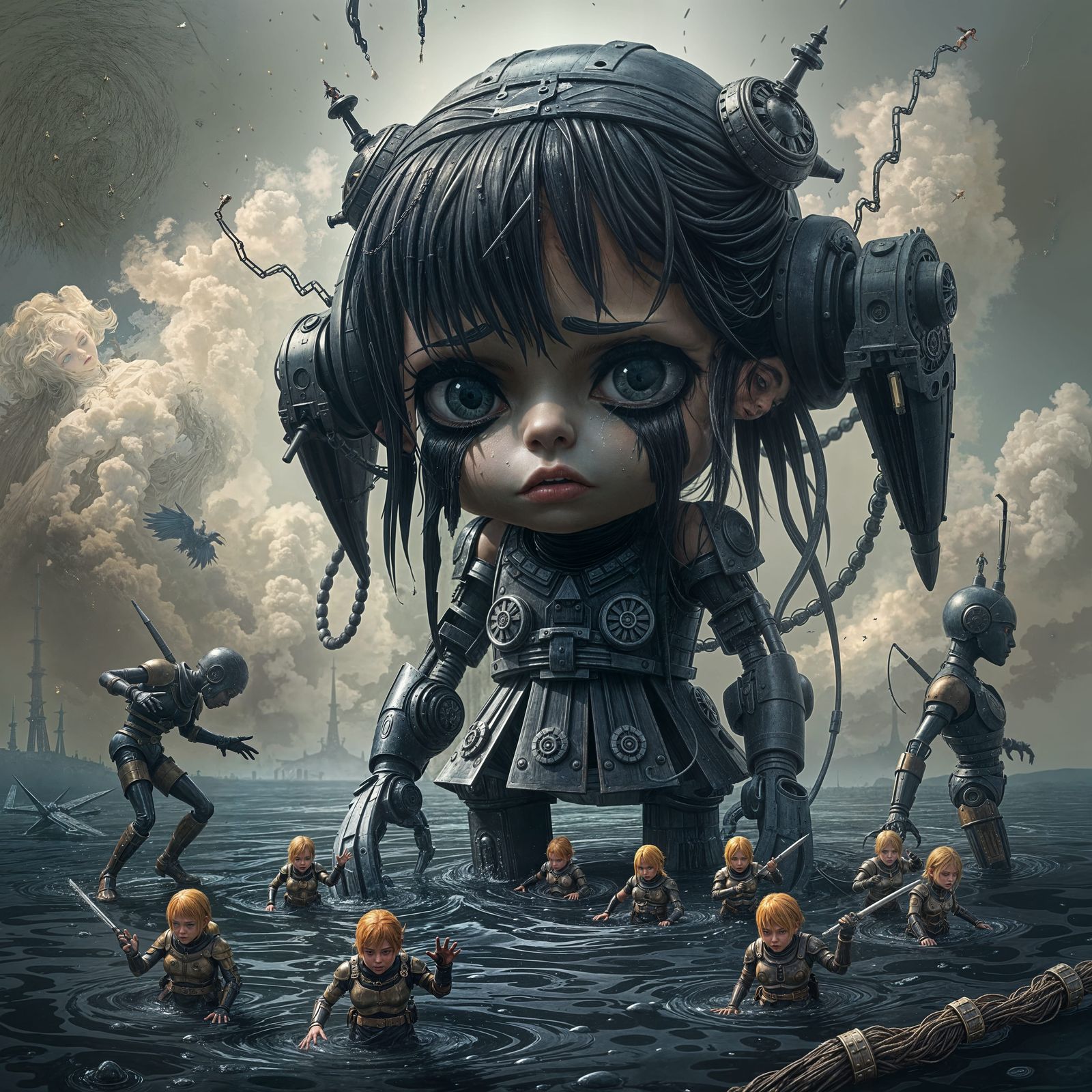 Giant Automaton Girl Cries Tears of Black Oil - AI Art