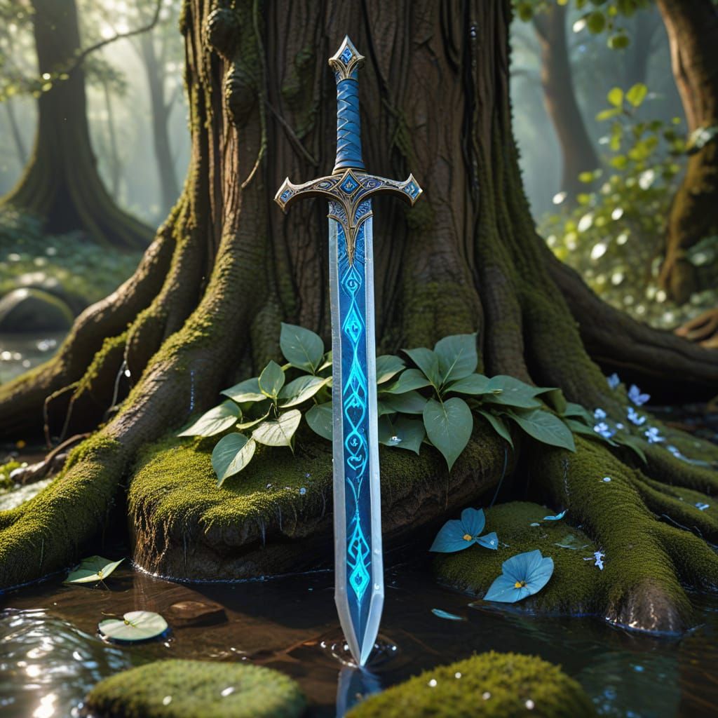 An elven sword, made of water, with elven engravings on a water stone ...