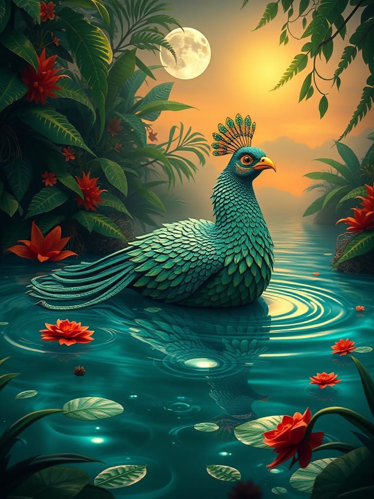 A resplendent, jade-green Quetzalcoatl with iridescent feathers and ...