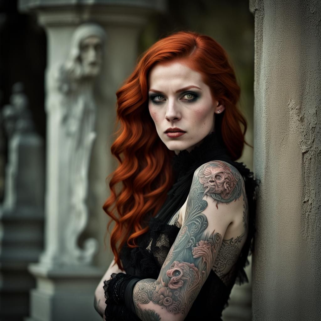 Glamourous redhead femalle necromancer whith stunning gothic tatoo, sheer dress, cemetary, dead ...