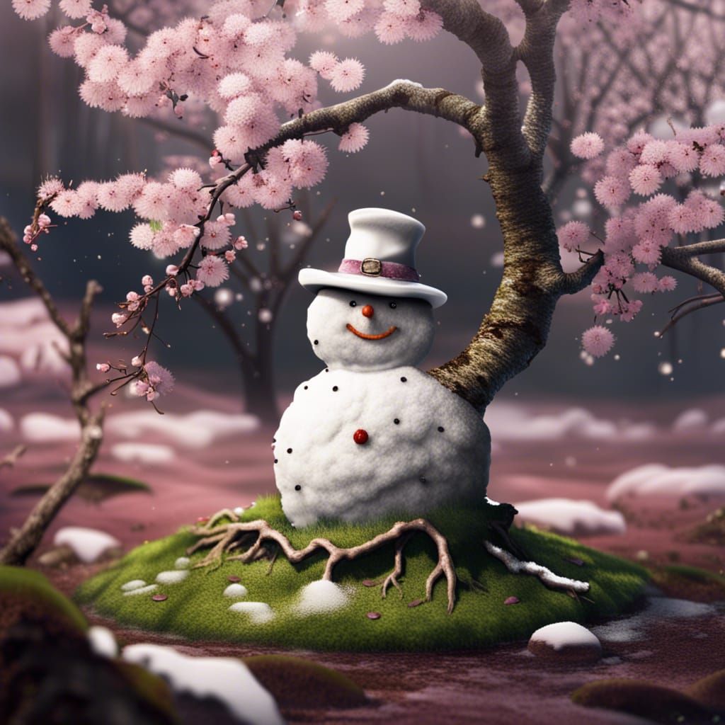 A melting snowman with a hat standing unter a tree sprouting the first ...