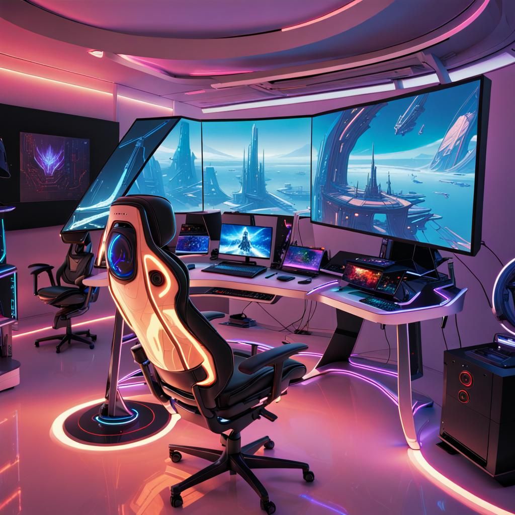 Art by Syd Mead and Yoshitaka Amano, ultimate gaming setup blending ...