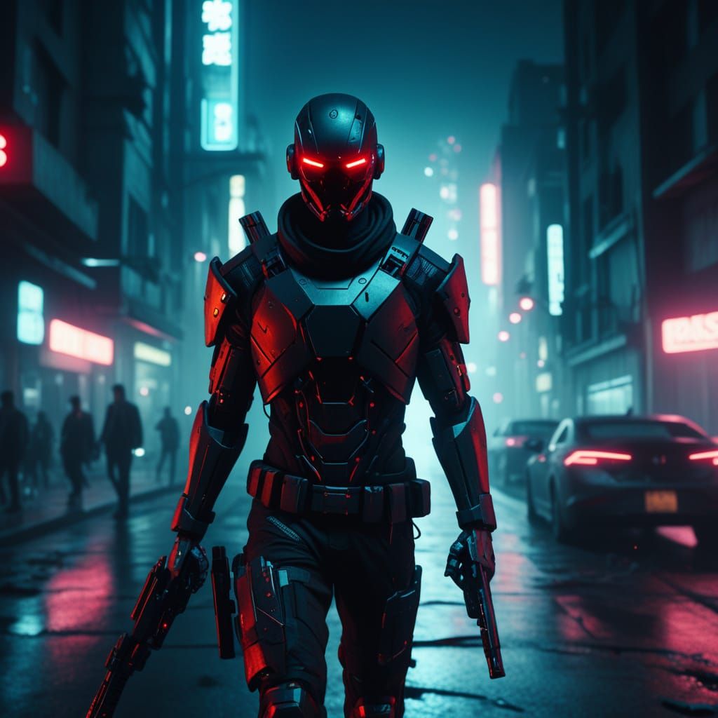 Cyberpunk Cyborg Assassin in Neon Noir Cityscape - AI Art