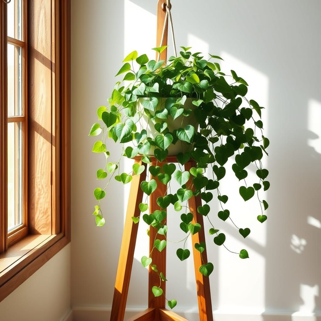 Pothos - Stunning Oak Plant Stand with Pothos Plant in a Sun...