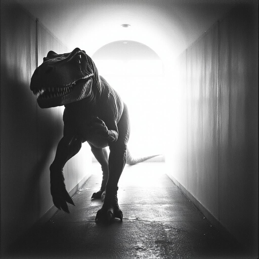 Giant T-Rex Ghost Charges in Analog Horror Style - AI Art