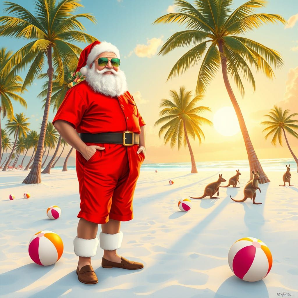 Jolly Australian Santa Claus in a vibrant, sun-kissed setting, wearing ...