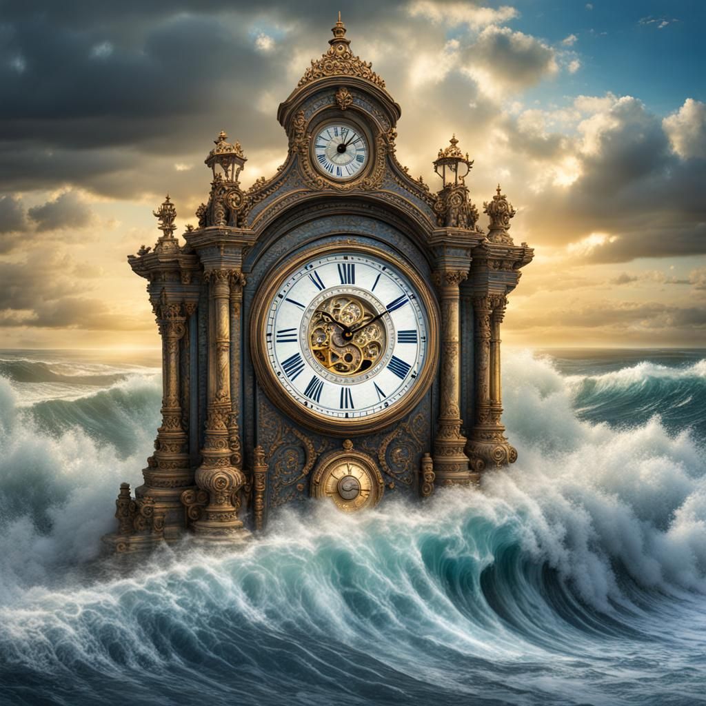 An giant elaborate clock surrounded by fierce ocean waves, intricate ...