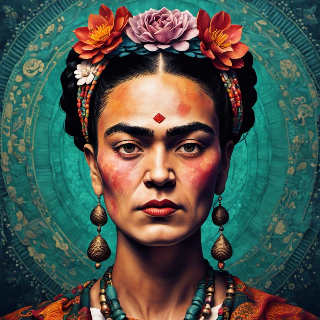 A mystical, Frida Kahlo-esque portrait of a strong, adorned woman, with ...