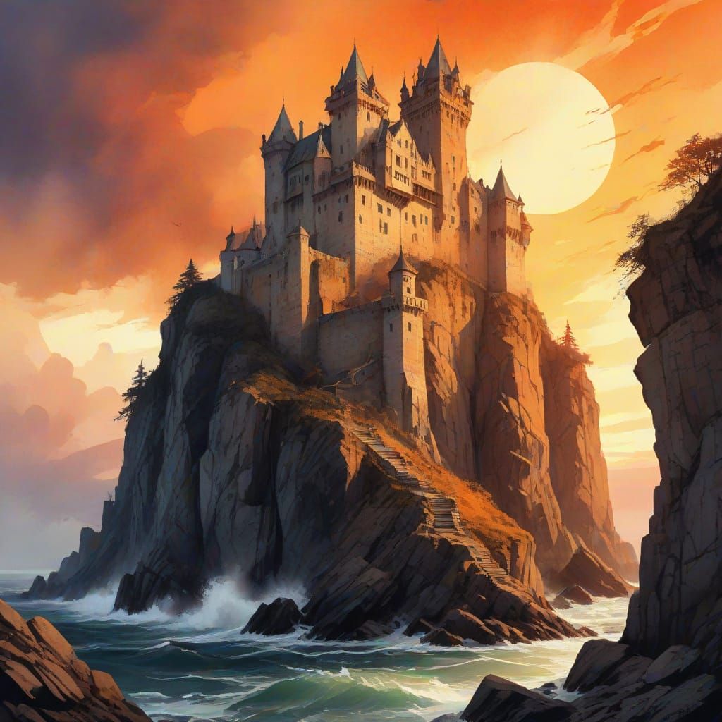 Old castle on a stormy cliff at sunset,