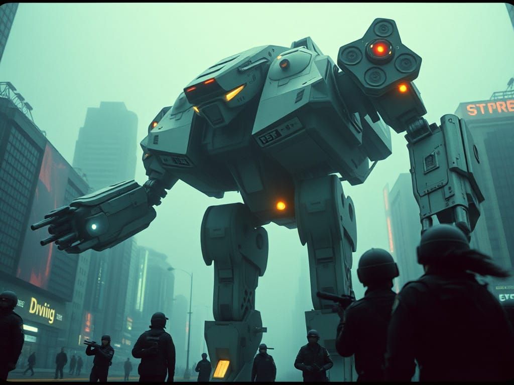 Cyberpunk Mecha Dystopia in Film Noir Style - AI Art