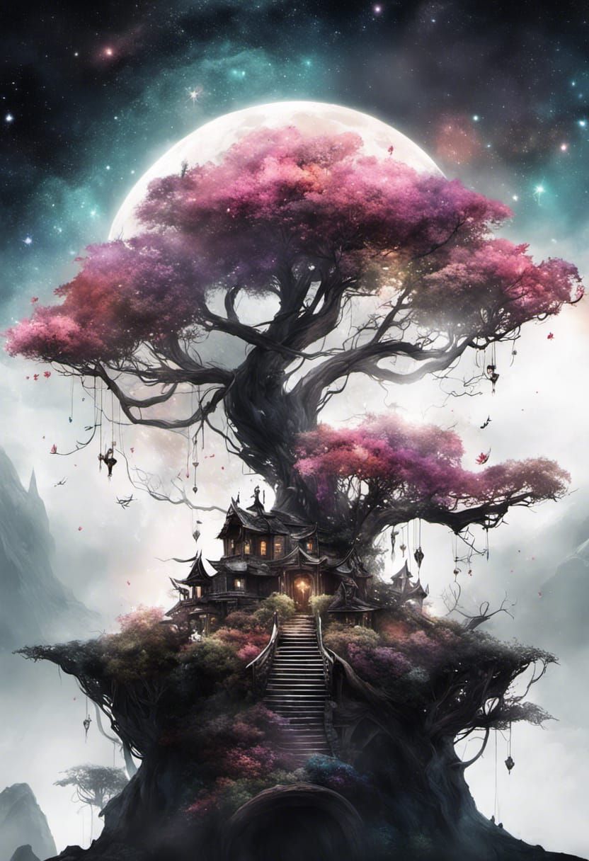 Fantasycore Houses inside a flowering Yggdrasil - AI Generated Artwork ...