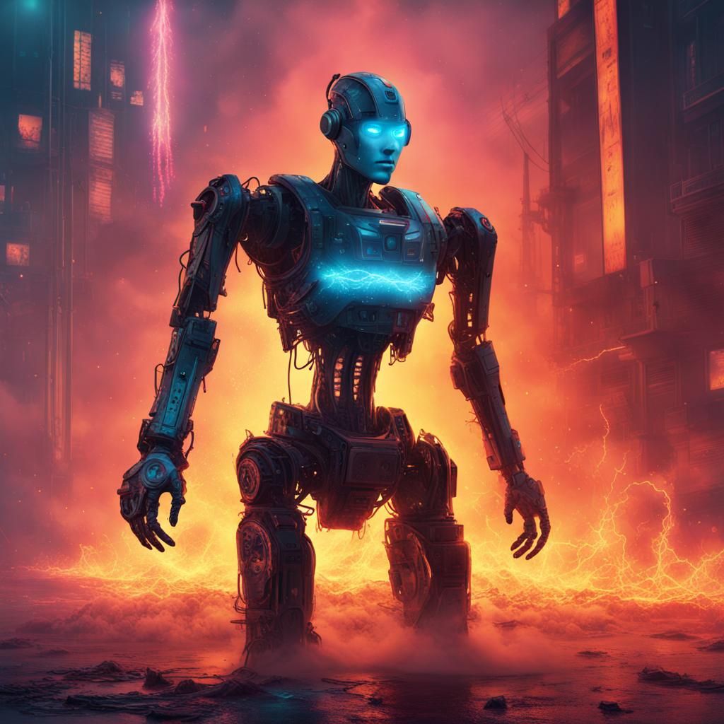 a robot surrounded by burning ashes tangled Lichtenberg fractal mist ...