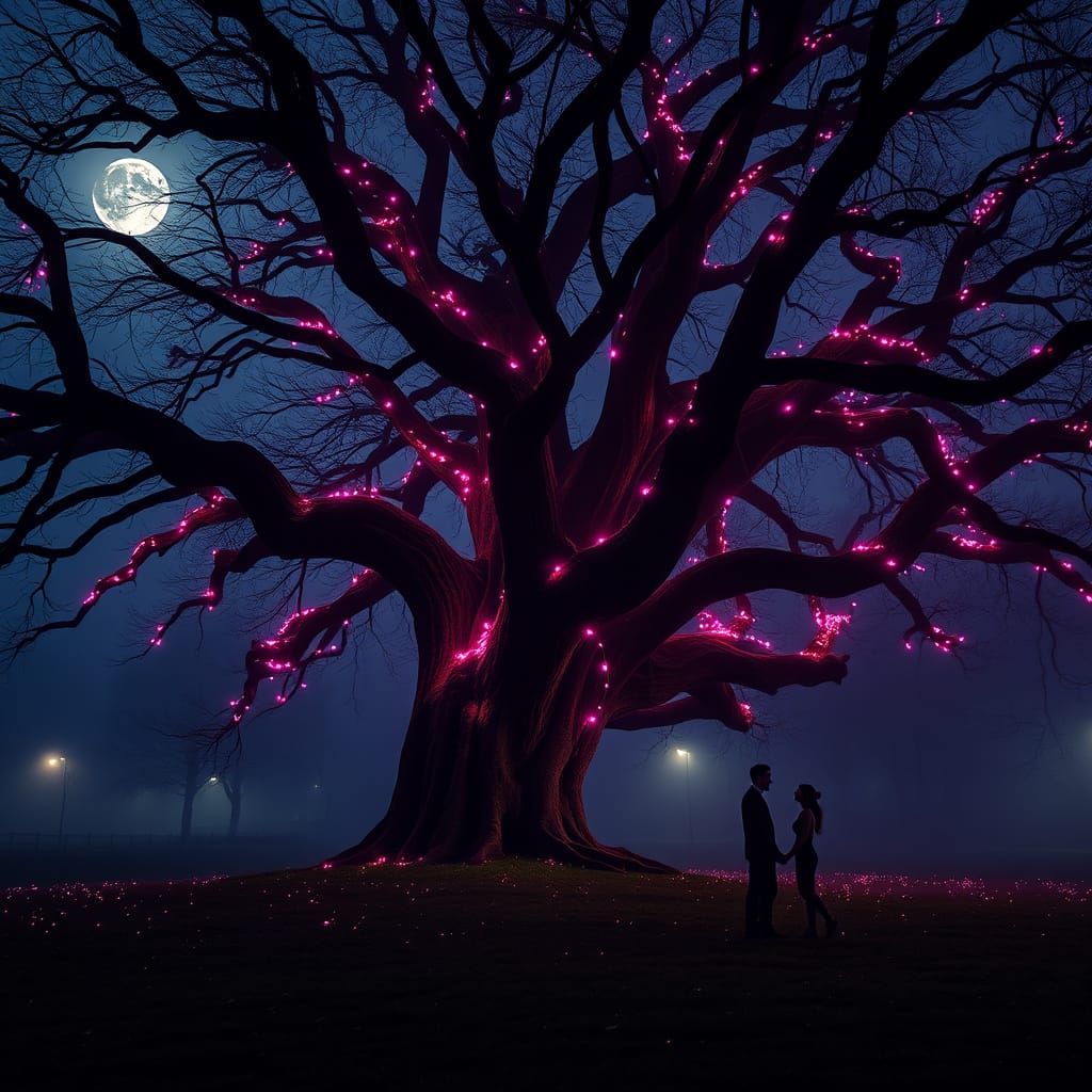 Magical Moonlit Park with Ancient Tree and Silhoue... - AI Art
