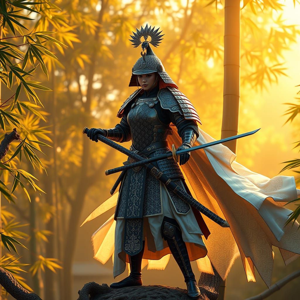 a beautiful female Peacock kendo-warrior in full armour trainingsfight