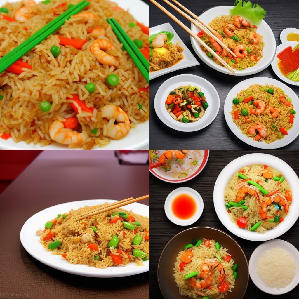 Chinese food, appealing, King prawn fried rice, vegetables, white ...
