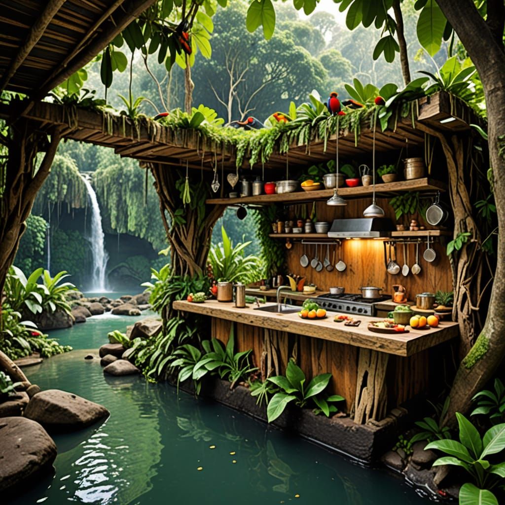 Floating Jungle Oasis Kitchen with Sustainable Fea... - AI Art