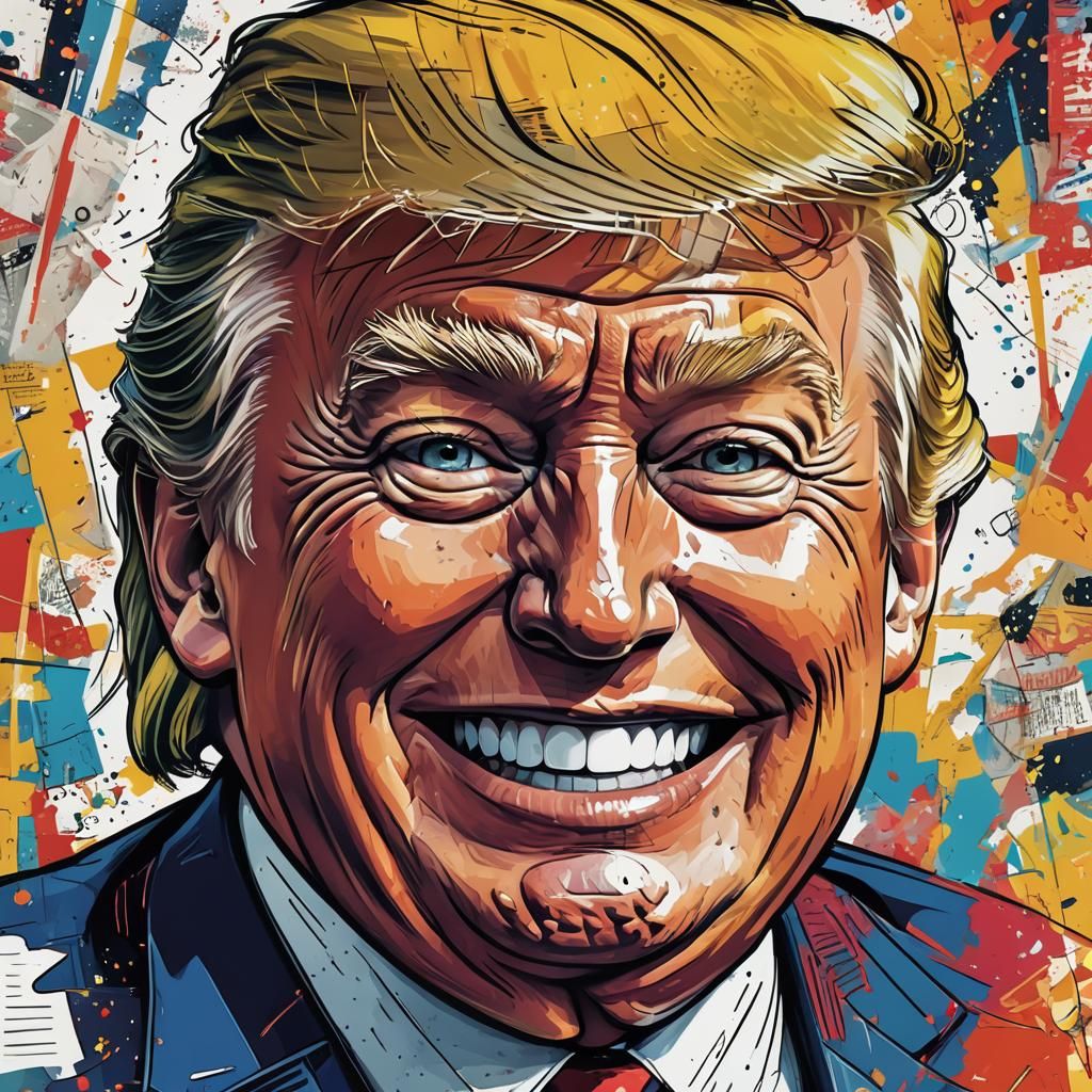 Donald Trump's Exaggerated Smile in Editorial Cart... - AI Art