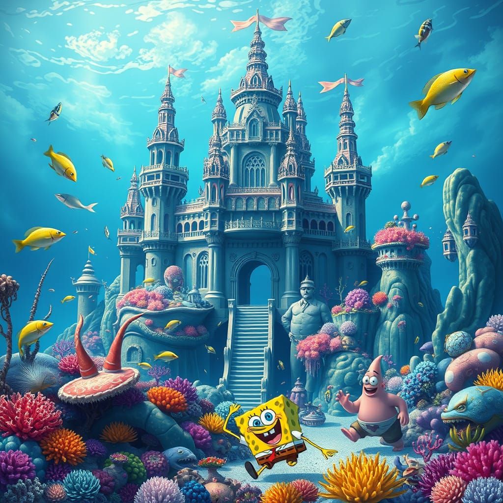 Underwater Castle Temple with SpongeBob and Friend... - AI Art