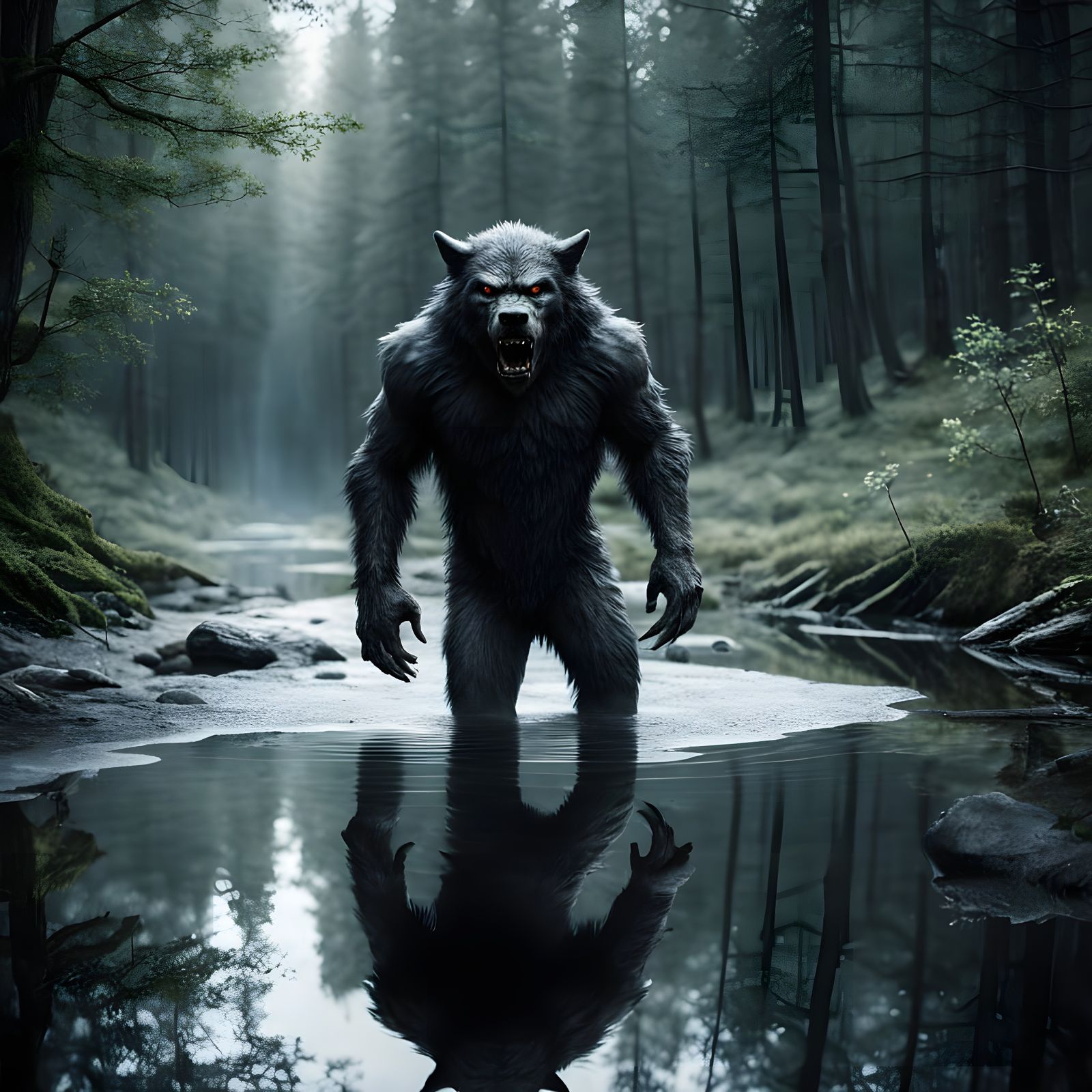 Werewolf walking through water - Werewolf Strolls Through En...