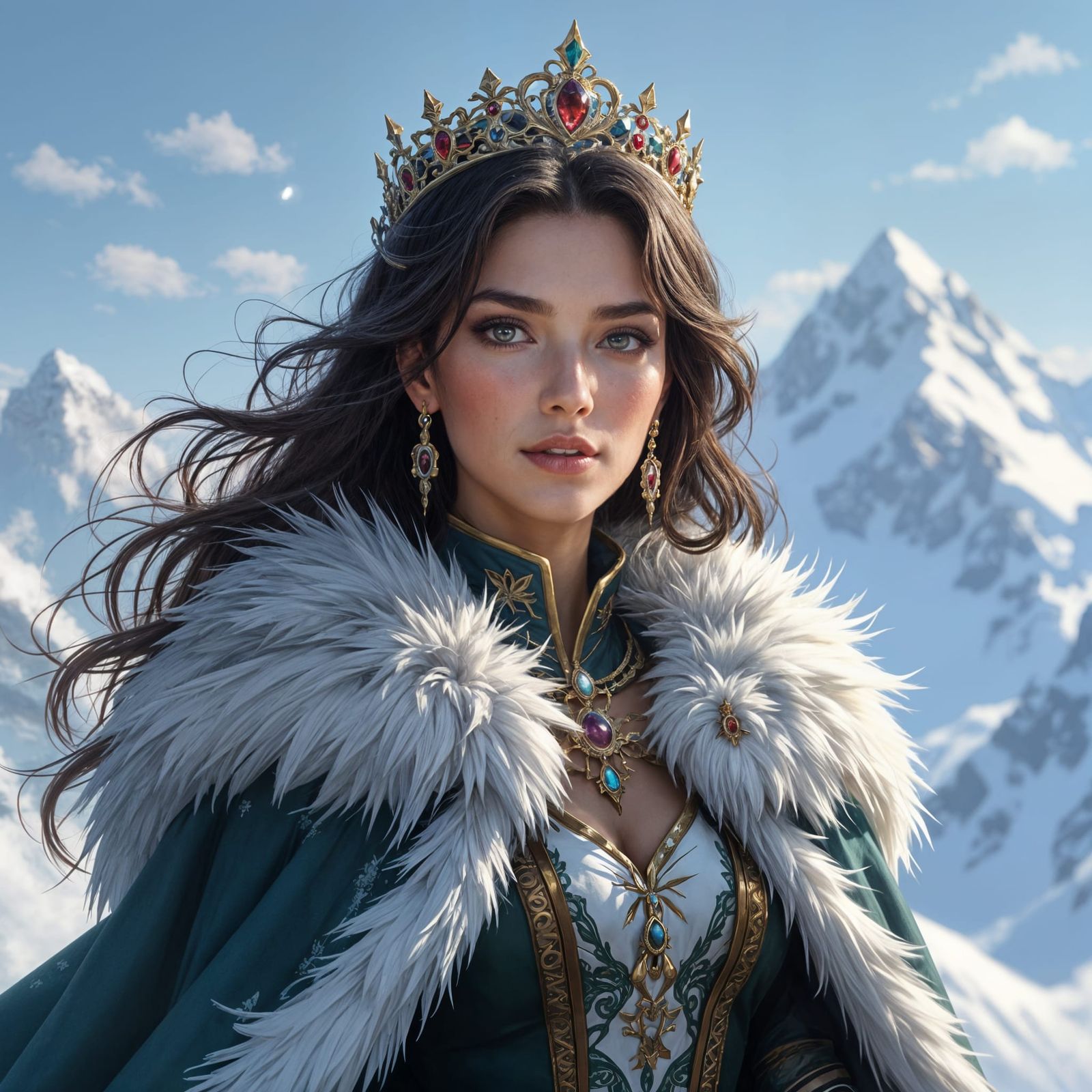 A regal mountain princess stands proudly atop a snow-capped peak, the ...