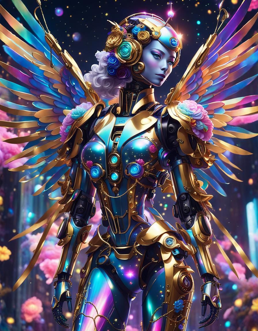 (hyper detailed shiny artwork of a beautiful robot magical girl with ...