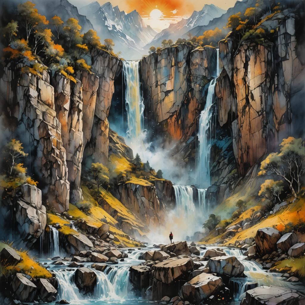 Waterfall and mountains, Sunrise over the mountains, Post apocalyptic ...