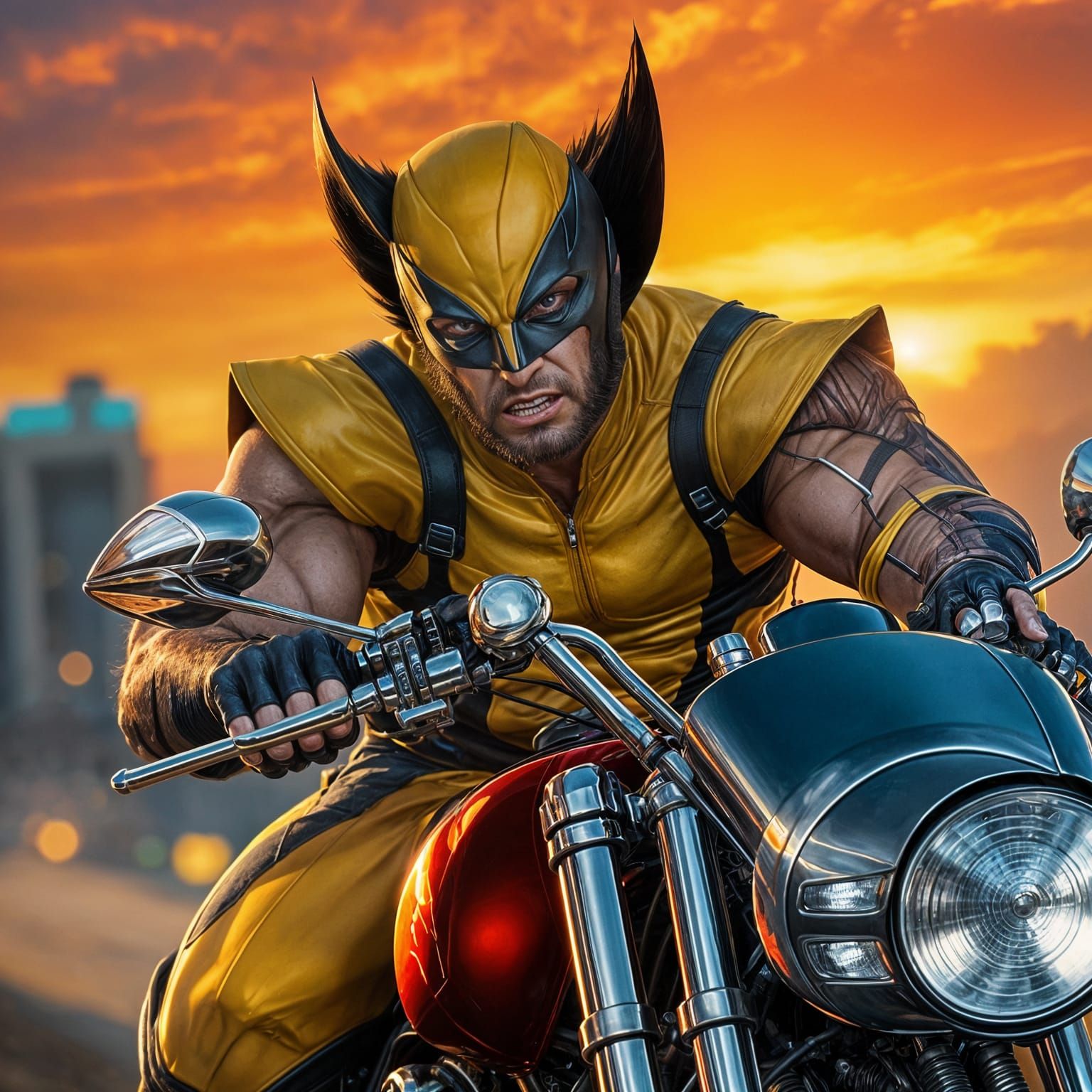 Wolverine riding his motorcycle Hyperrealistic, splash art, concept art ...