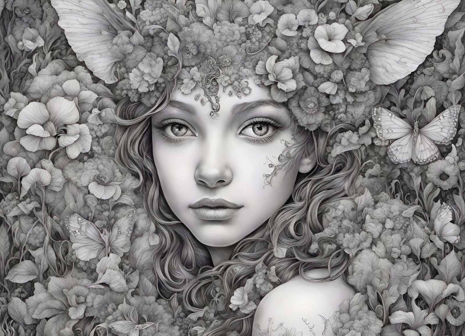 Black and white ink drawing of a beautiful young pixie girl overlayed by flowers. - AI Generated ...
