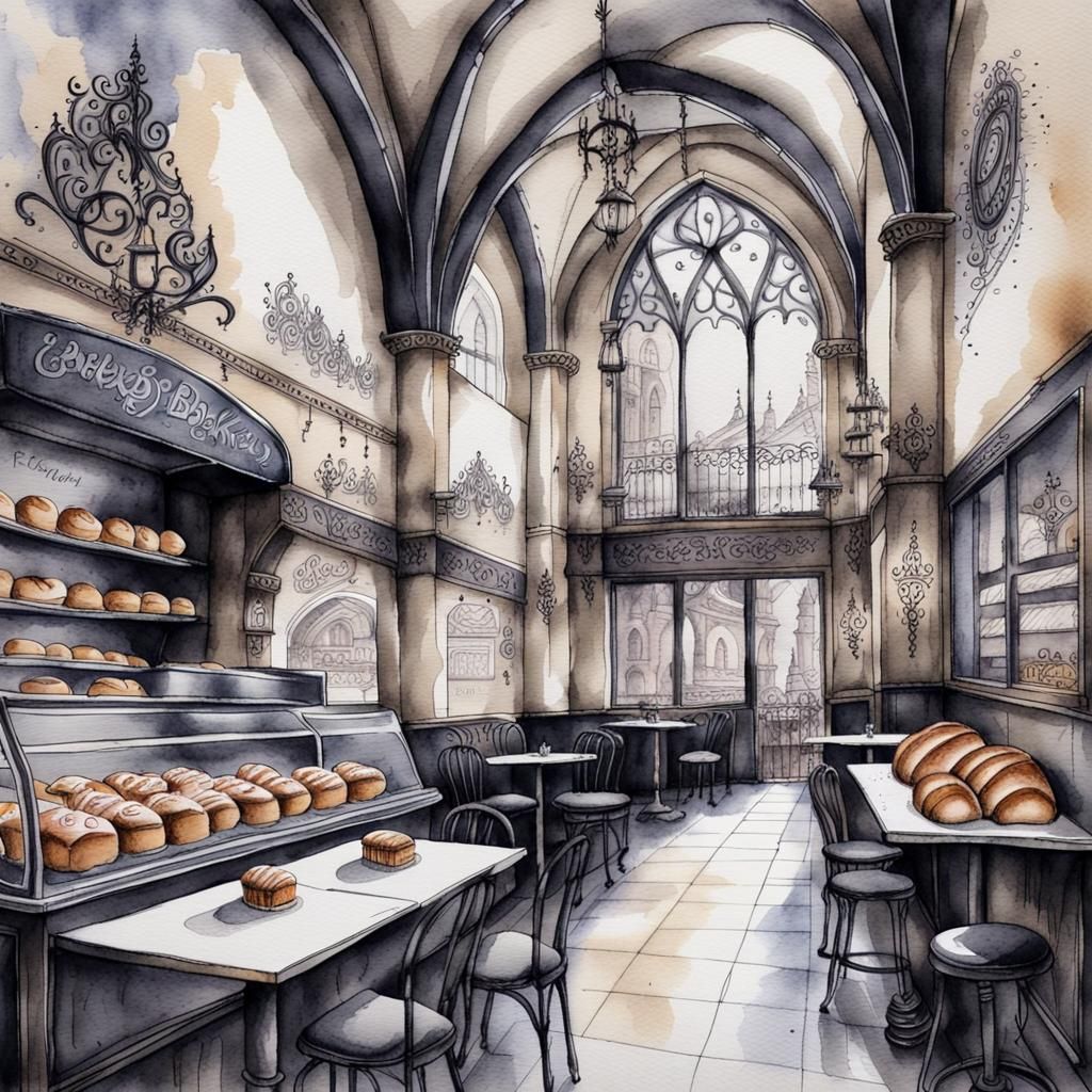 European bakery-cafe, cyber-Gothic style interior, raw watercolor ...