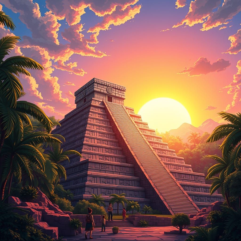 Vibrant Anime Pyramid in Mesoamerican Style - AI Art