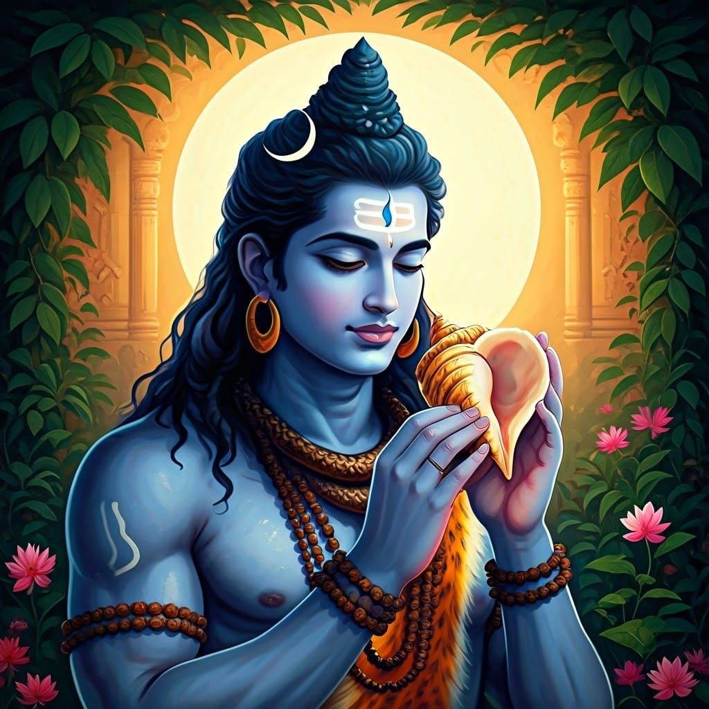 Shiva with Conch Shell - Shiva in Serene, Moonlit Temple