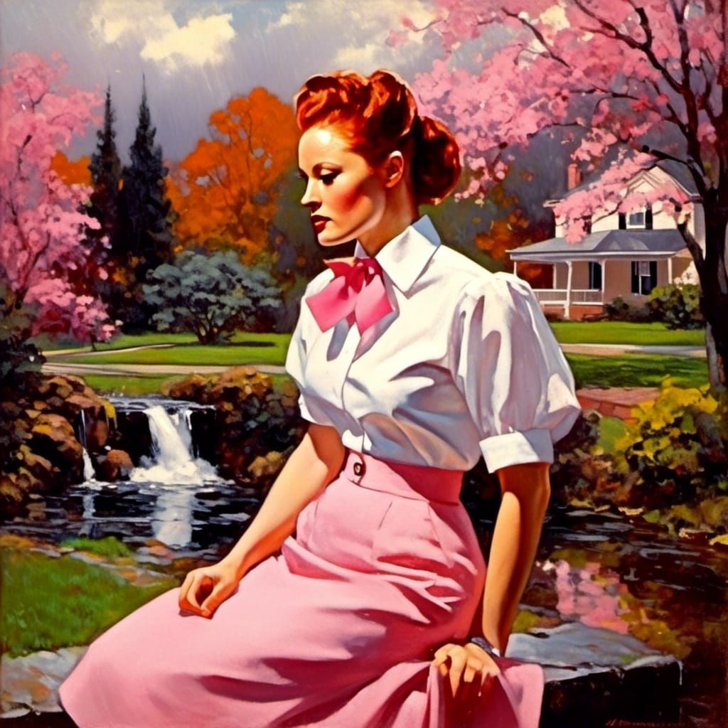 auburn hair pulled up in a tight high top knot with pink bow, collared ...