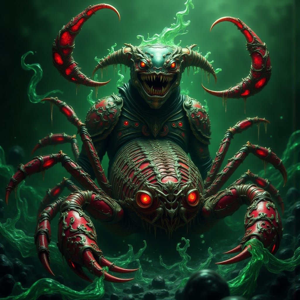 homme scorpion armure gotique rouge sang vert poison cristal mil couleur