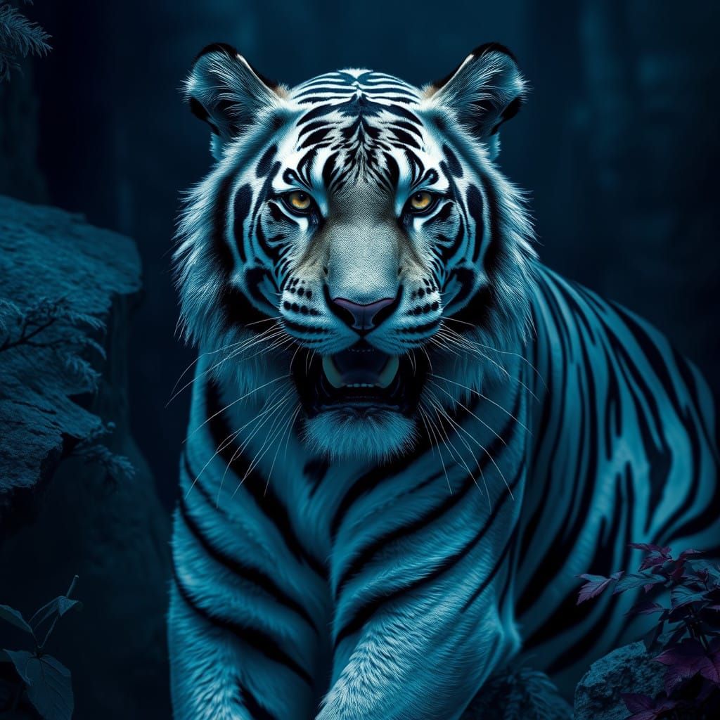 Black and white tiger - Majestic Monochromatic Tiger in a Fa...