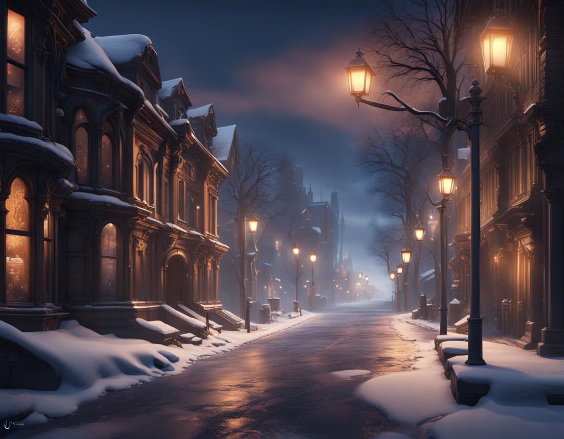 street, light, snow, evening - AI Generated Artwork - NightCafe Creator