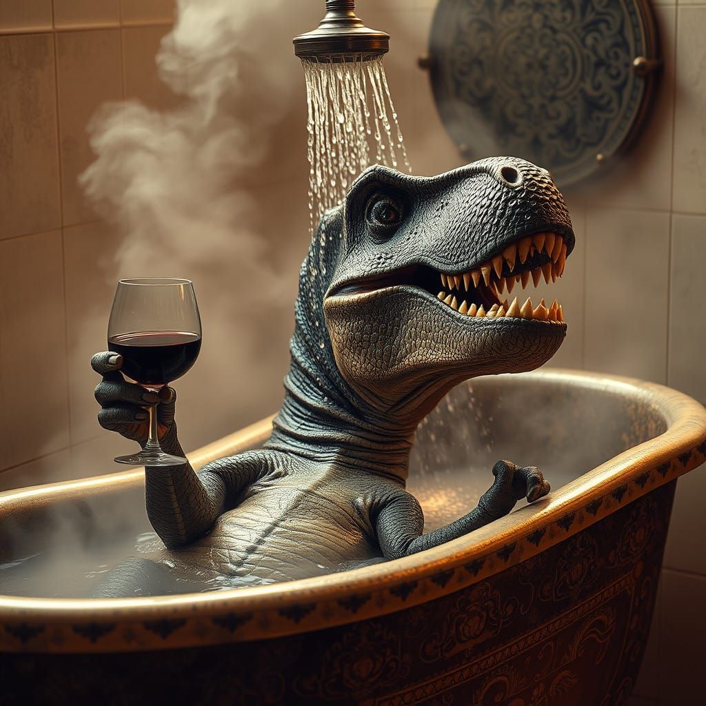 Tyrannosaurus Rex in Vintage Cast Iron Bathtub wit... - AI Art