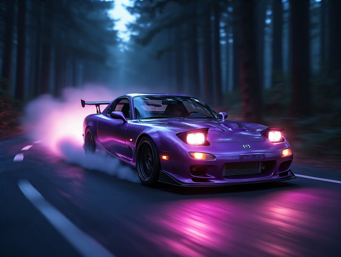 Speeding Mazda RX7 Takes Sharp Turn on Forest Road... - AI Art