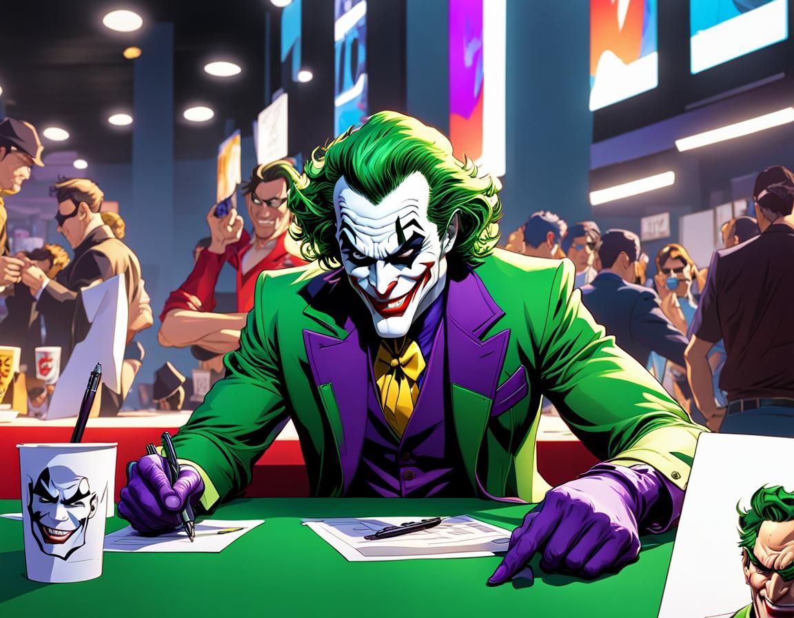cartoon joker sitting at a table signing autographs at a comic book ...